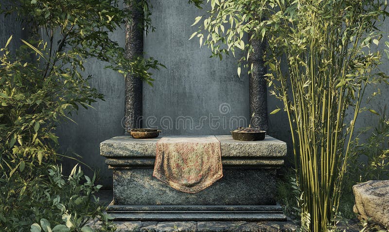 A Stone Altar from a Bamboo Grove, Weathered and Draped with Offering ...