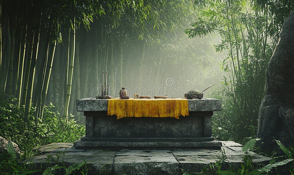 A Stone Altar from a Bamboo Grove, Weathered and Draped with Offering ...