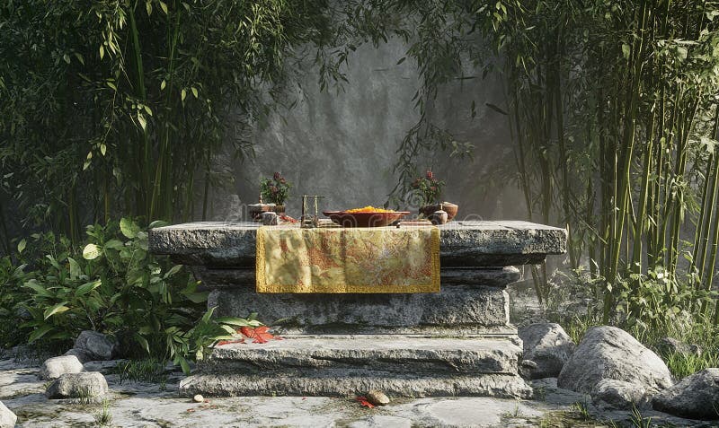 A Stone Altar from a Bamboo Grove, Weathered and Draped with Offering ...