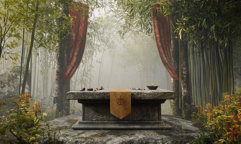 A Stone Altar from a Bamboo Grove, Weathered and Draped with Offering ...