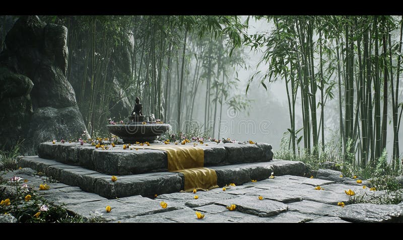 A Stone Altar from a Bamboo Grove, Weathered and Draped with Offering ...