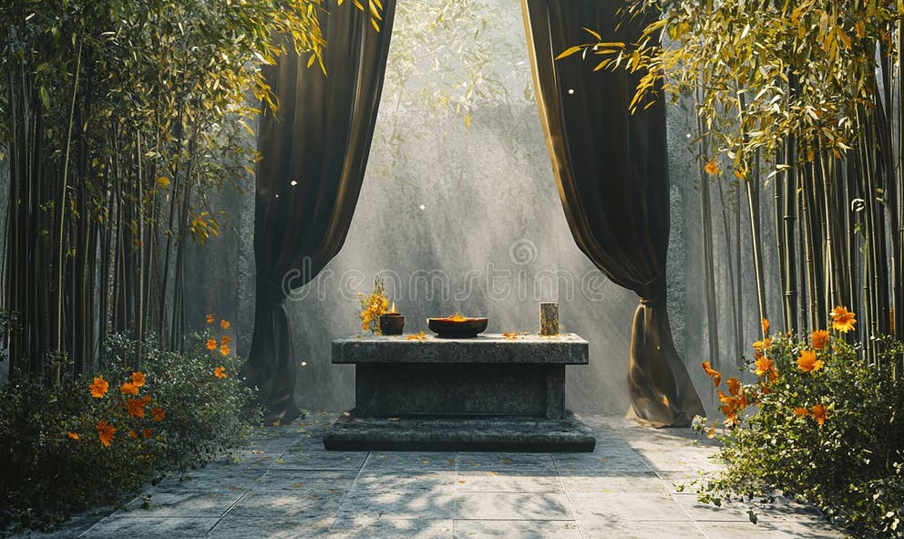 A Stone Altar from a Bamboo Grove, Weathered and Draped with Offering ...