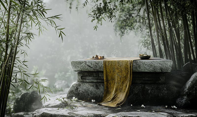 A Stone Altar from a Bamboo Grove, Weathered and Draped with Offering ...