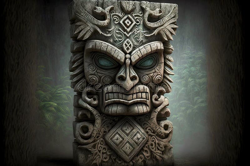 Stone Angry Face of Aztec God Tiki Mask Stock Illustration ...