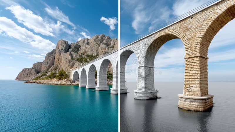 Stone Aqueduct with Multiple Arches Extending Across a Body of Water ...