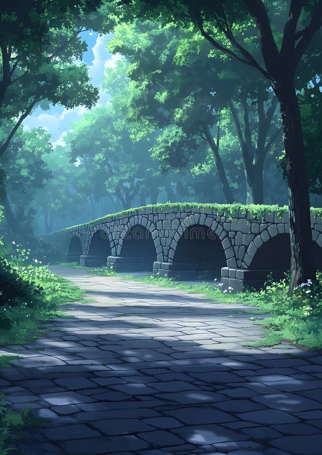 Stone Arch Bridge Covered in Moss Leading through a Verdant Pixelated ...