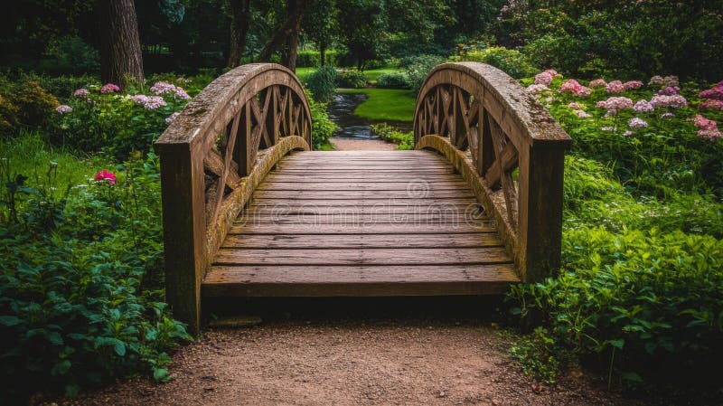 Stone Arch Bridge in Lush Green Garden Stock Illustration ...