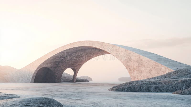 Stone Arch Bridge in Misty Morning Landscape Stock Illustration ...