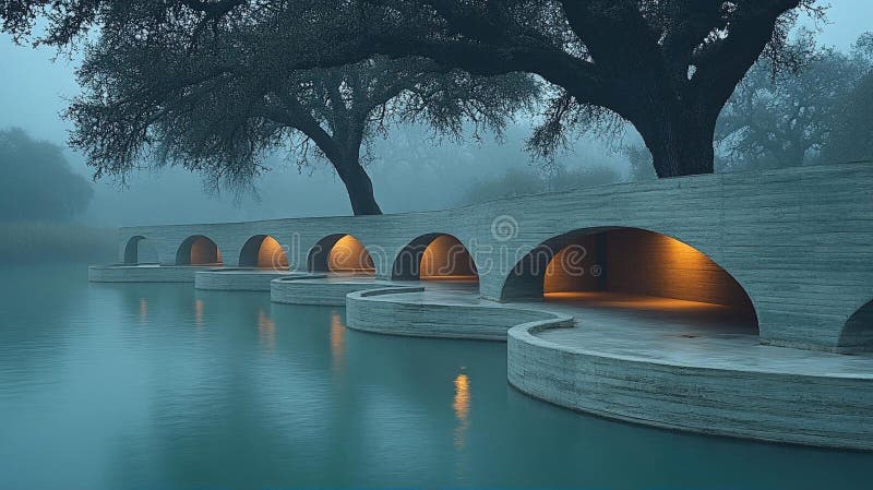 Stone Arch Bridge Over Calm Water in Misty Morning Stock Illustration ...