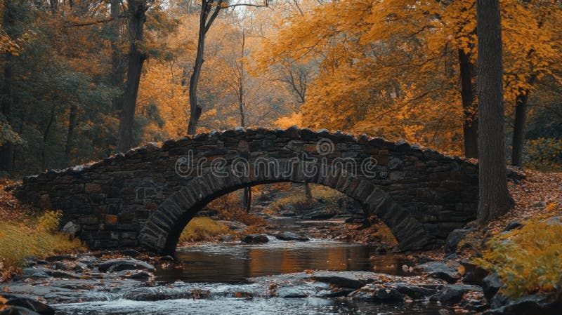 Stone Arch Bridge Over a Creek in Autumn Forest Stock Illustration ...