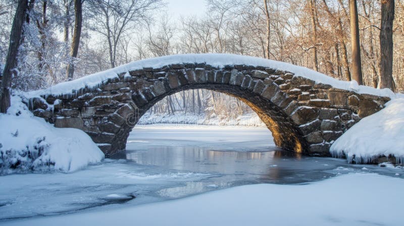 Stone Arch Bridge Over an Icy River in a Snowy Forest Stock ...