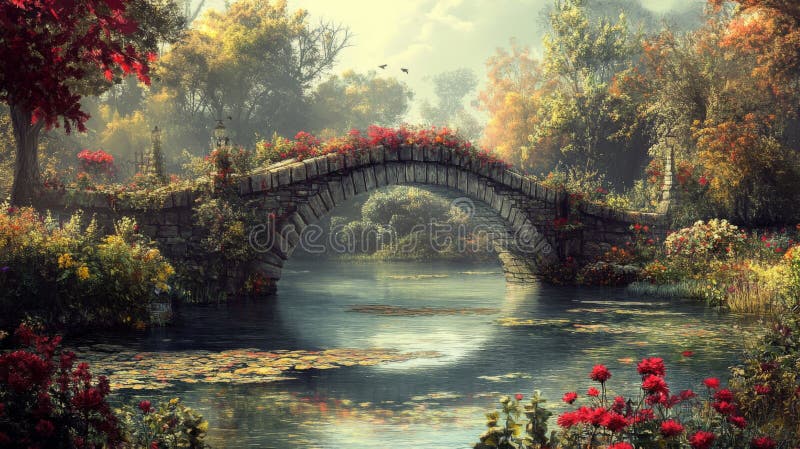Stone Arch Bridge Over a Pond in a Misty Forest Stock Illustration ...