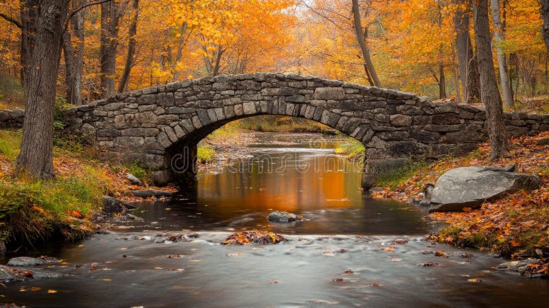 Stone Arch Bridge Over a Stream in Autumn Foliage Stock Illustration ...