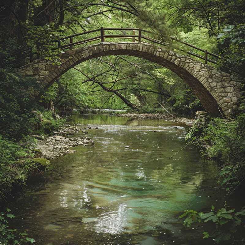 Stone Arch Bridge Over Tranquil River in Lush Forest Stock Image ...