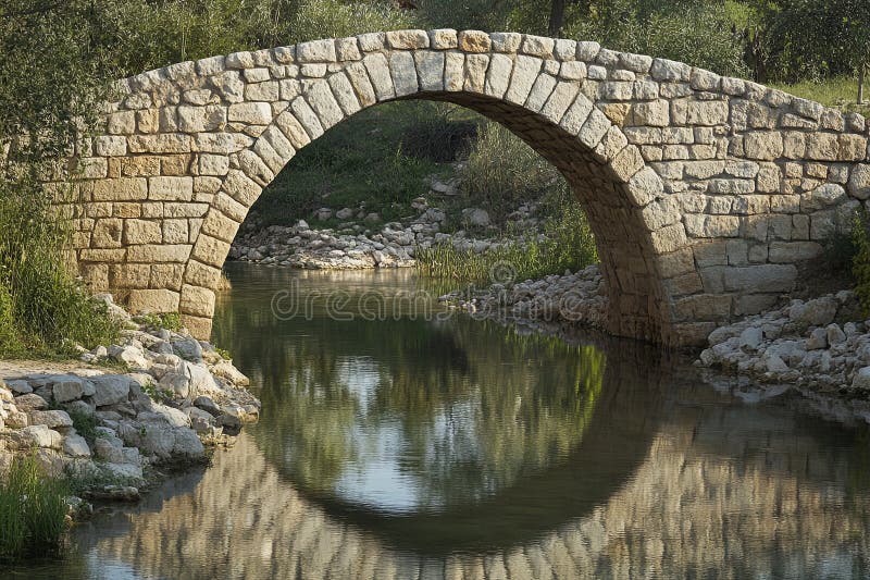 A Stone Arch Bridge Reflecting in a Quiet River Under Soft Light Stock ...
