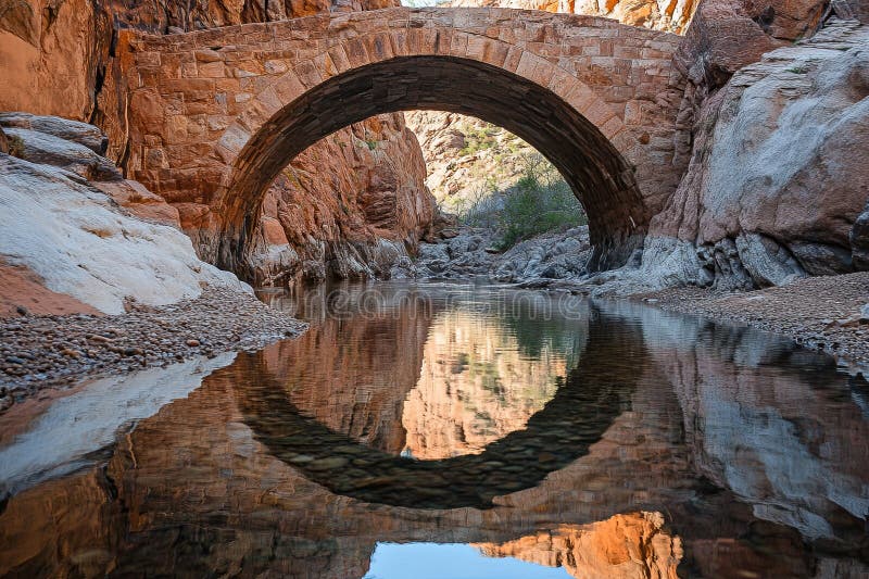 A Stone Arch Bridge Reflecting in a Quiet River Under Soft Light Stock ...