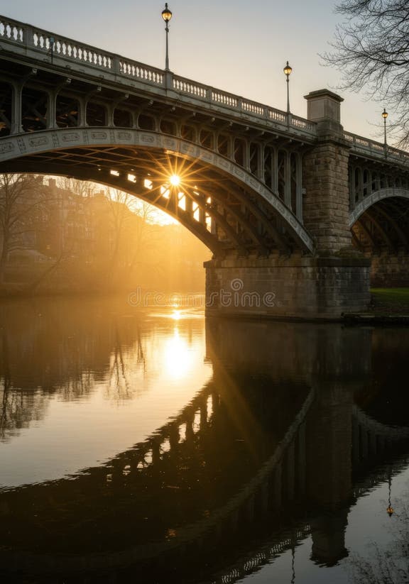 Stone Arch Bridge River Reflection Sunrise Stock Illustration ...
