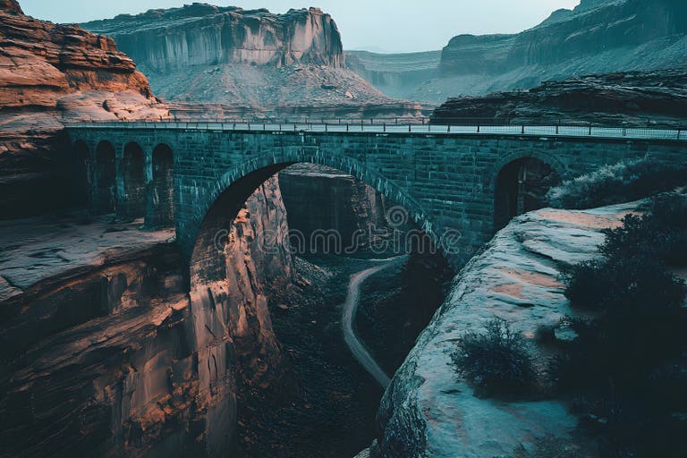 A Stone Arch Bridge Spans a Canyon, Surrounded by Rugged Cliffs and a ...