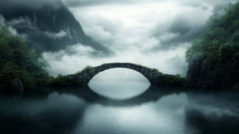 A Stone Arch Bridge Spans a Misty Lake, with Mountains in the ...