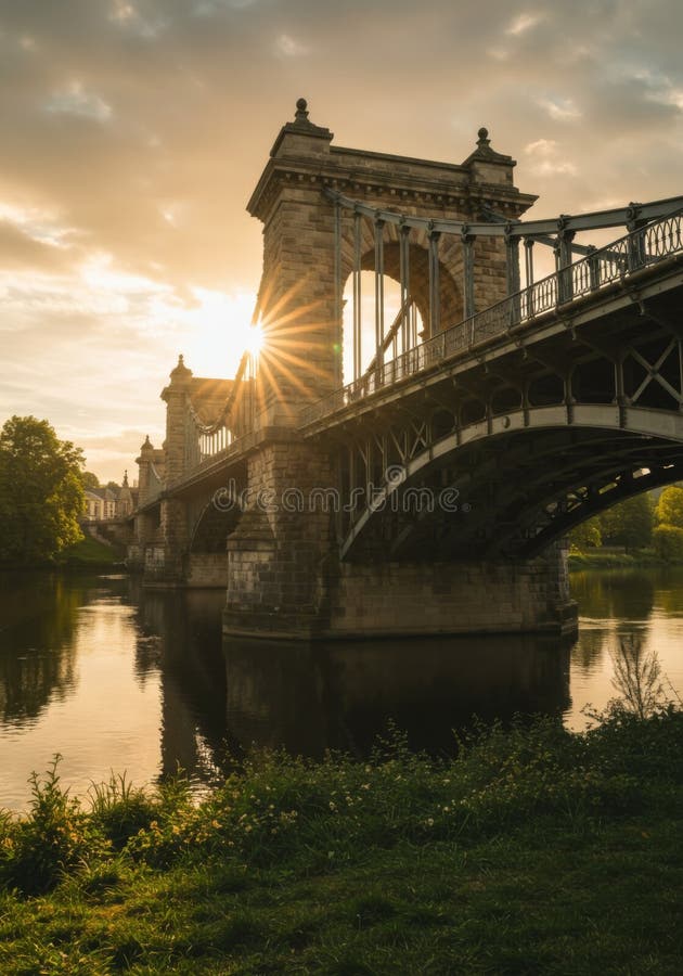 Stone Arch Bridge at Sunset Over Calm River Stock Illustration ...