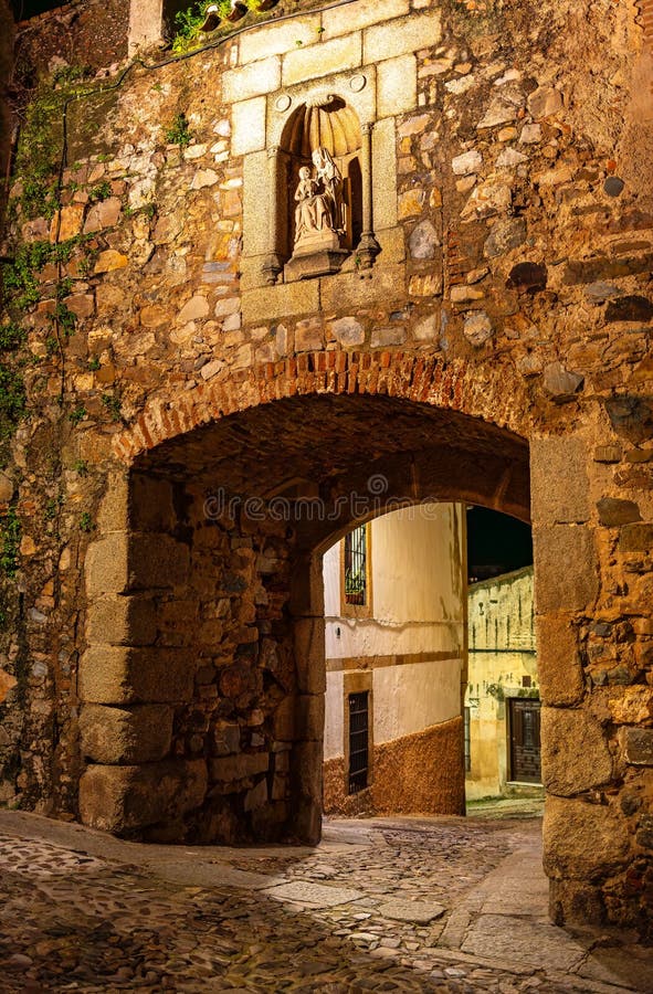Stone Arch on the Medieval Wall of the City of Caceres at Night ...