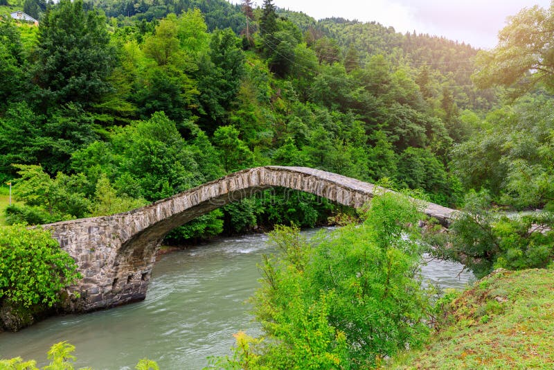 The Stone Arched Bridge Over the Mountain River in Georgia Stock Photo ...