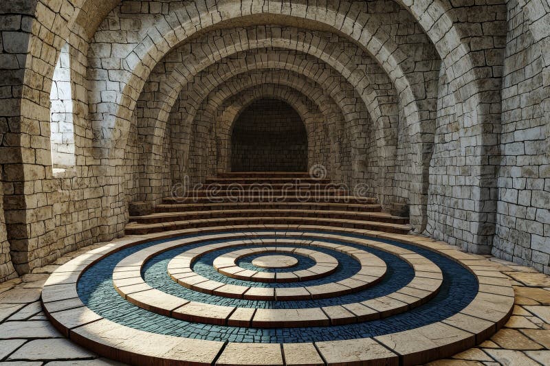 Stone Architecture Interior Circular Water Feature and Arched Hallway ...