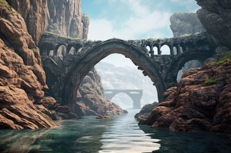 Stone Archway Bridge Connecting Two Remote Cliffs Stock Illustration ...