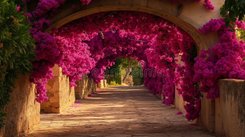 A Stone Archway Covered in Pink Flowers in the Middle of a Stone ...