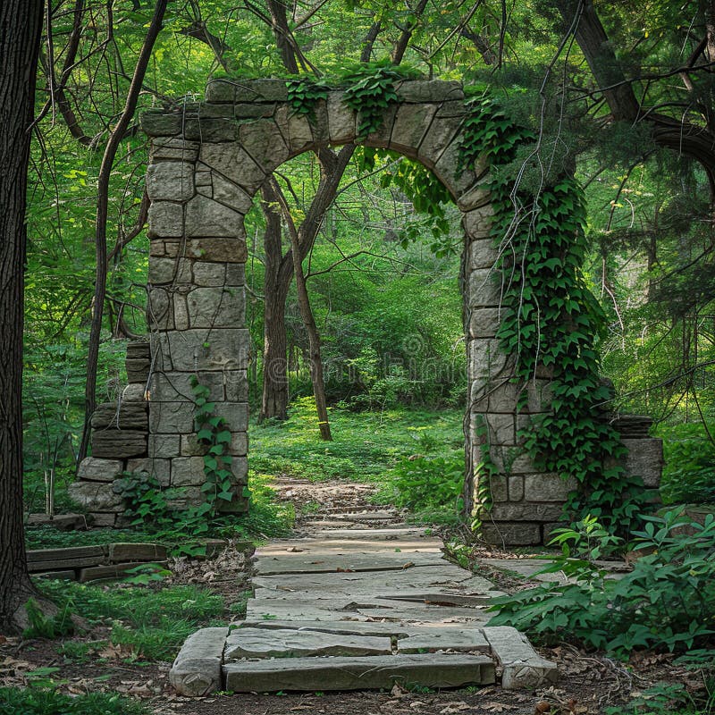 Stone Archway Entrance To a Lush Green Forest Path Stock Photo - Image ...