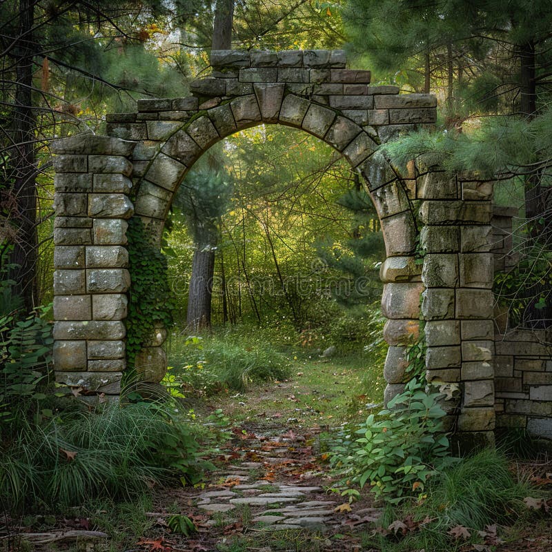 Stone Archway Leading To a Path in a Lush Forest Stock Image - Image of ...
