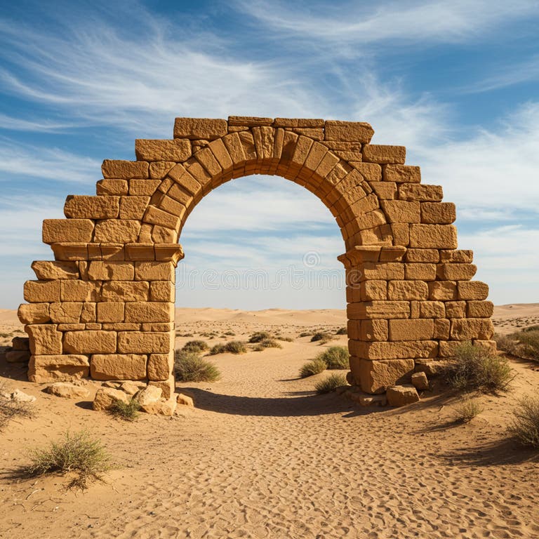 Stone Archway Made of Stacked Rectangular Blocks, Set in a Sandy Desert ...