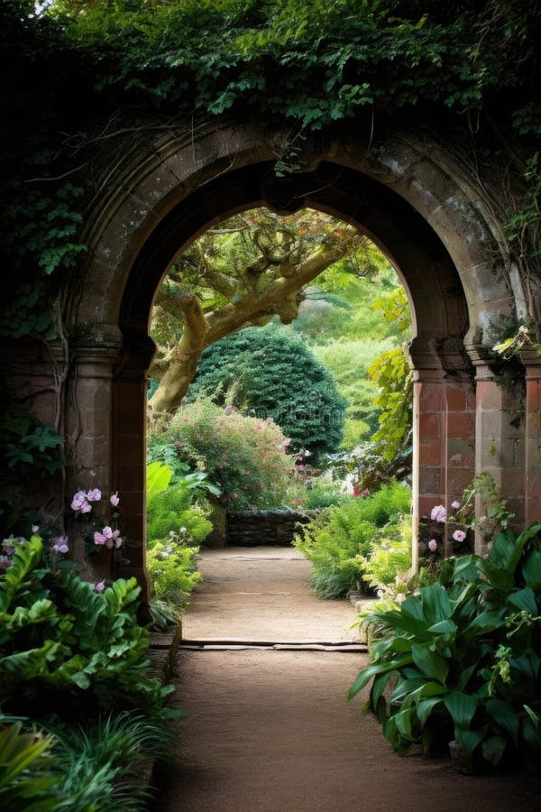 A Stone Archway with a Path Leading To a Garden Stock Illustration ...