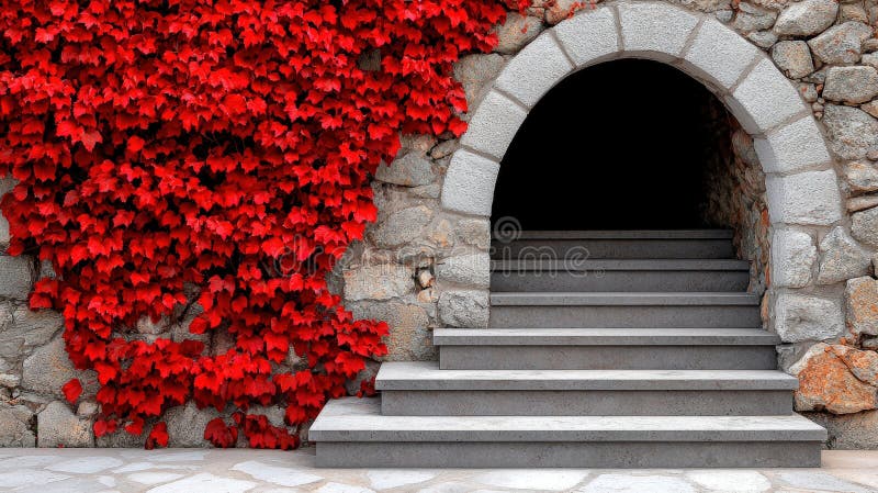Stone Archway with Red Ivy and Steps Leading To Darkness Stock ...