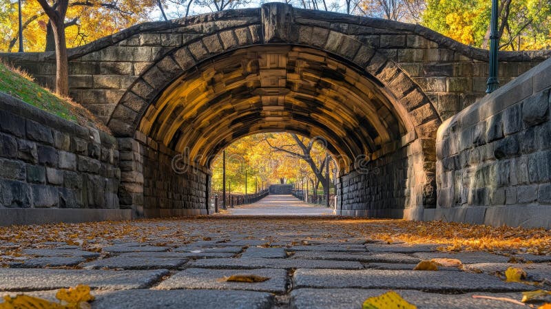 Through a Stone Archway, Sunlight Shines on a Circular Cobblestone Path ...