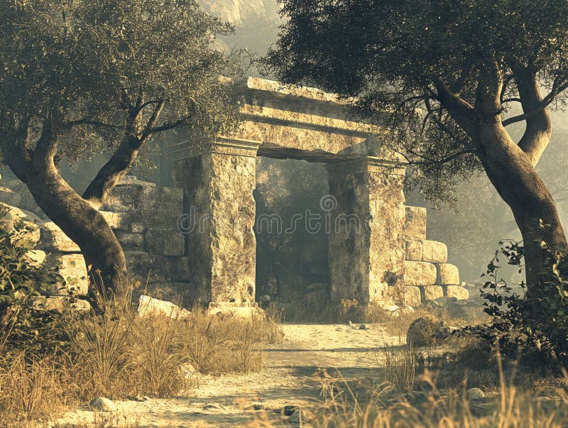 A Stone Archway with Two Trees on Either Side Stock Image - Image of ...