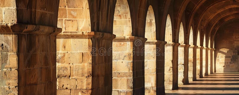 Stone Archways in Historic Structure, Shadows and Warm Sunlight ...