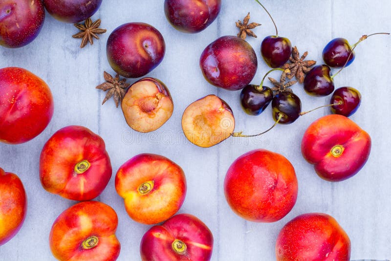 Stone Autumn Fruit on the Wooden Table, Flat View. Stock Photo - Image ...