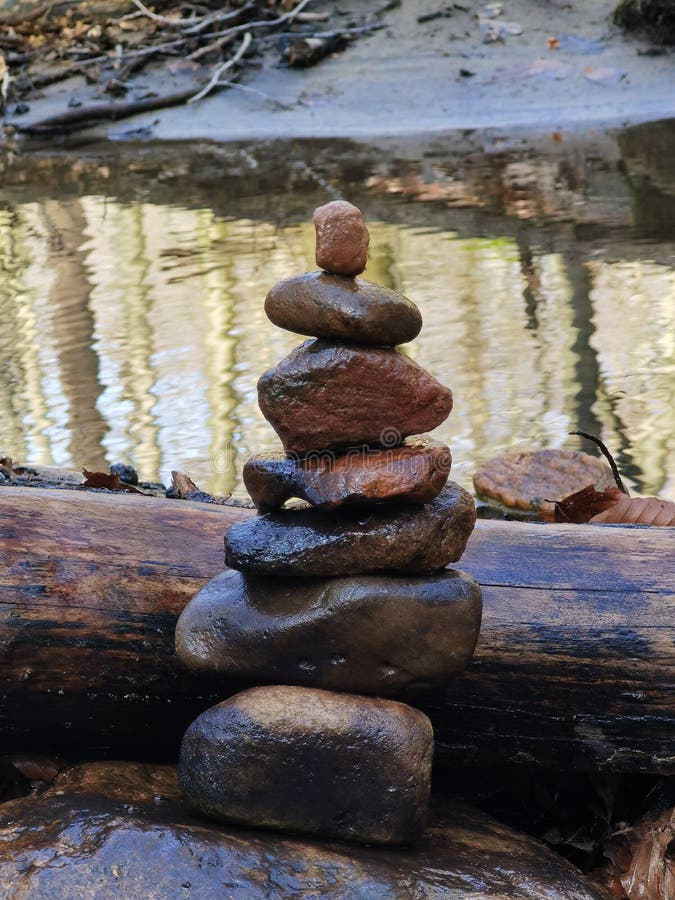 Stone Balance by the Stream in the Forest Stock Photo - Image of ...