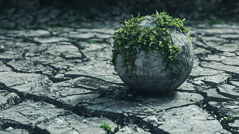 A Stone Ball, Covered in Green Plants, Rests in a Landscape of Decay ...