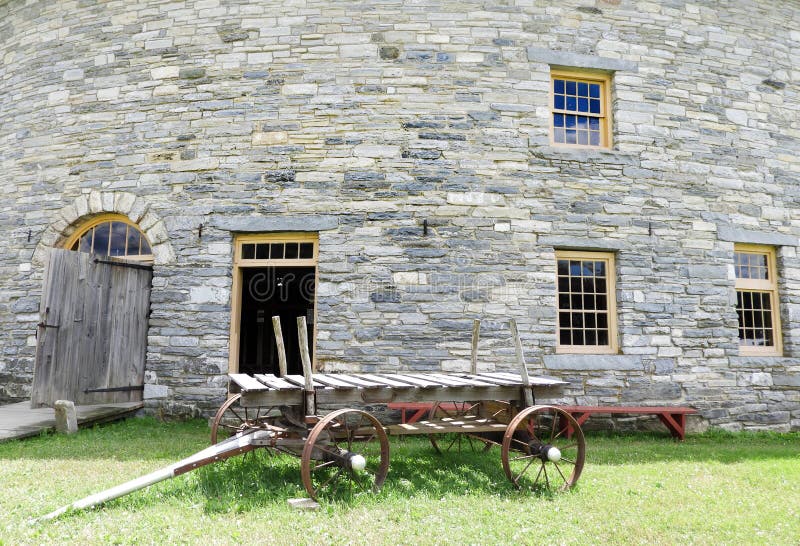 Shaker Round Stone Barn, Wagon, Windows and Door Stock Image - Image of ...
