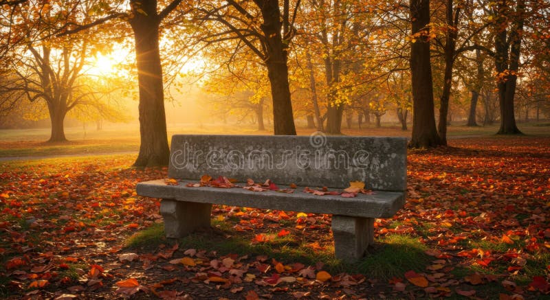 Stone Bench in Autumn Park at Sunrise Stock Illustration - Illustration ...