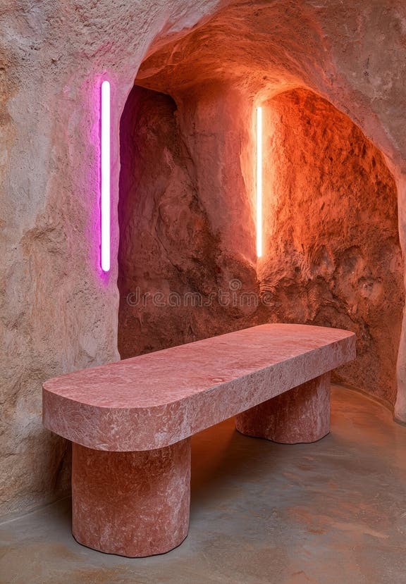 A Stone Bench in a Cave with Neon Lights. Stock Illustration ...