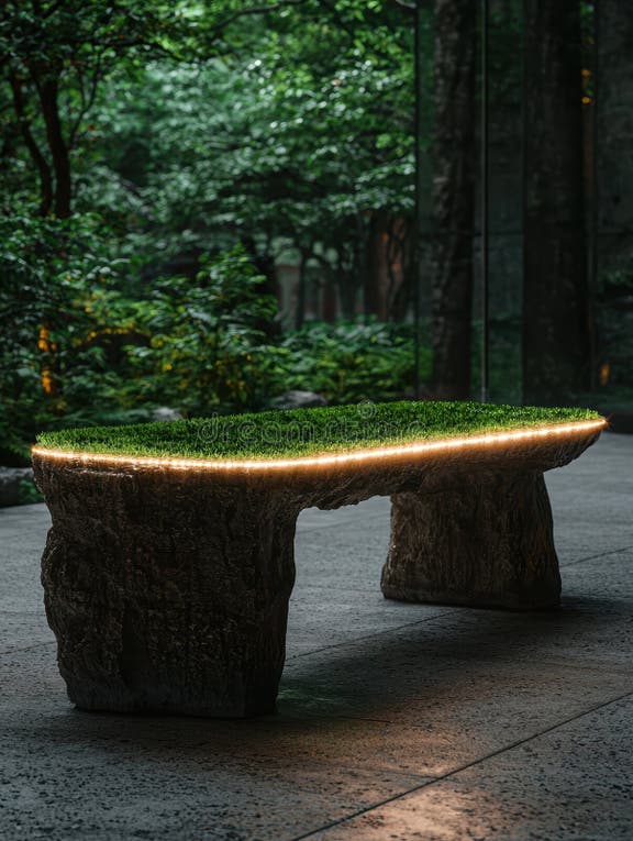 Stone Bench with Grass Top and Glowing Edge in a Forest Setting. Stock ...