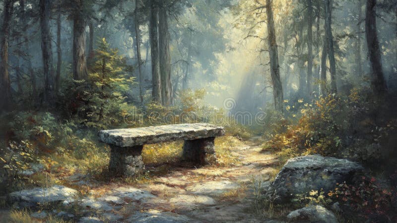 A Stone Bench in a Misty Forest Clearing Stock Illustration ...