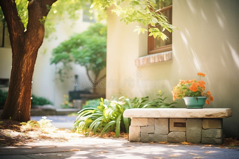 Stone Bench Nestled in a Leafy Courtyard Corner Stock Illustration ...