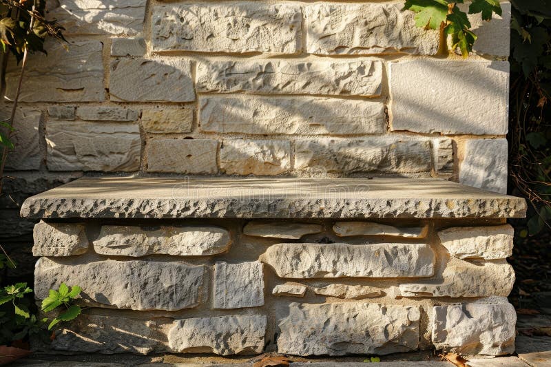 A Stone Bench is Positioned in Front of a Textured Stone Wall Outdoors ...