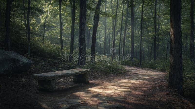 Stone Bench in a Sun-Dappled Forest Path Stock Illustration ...