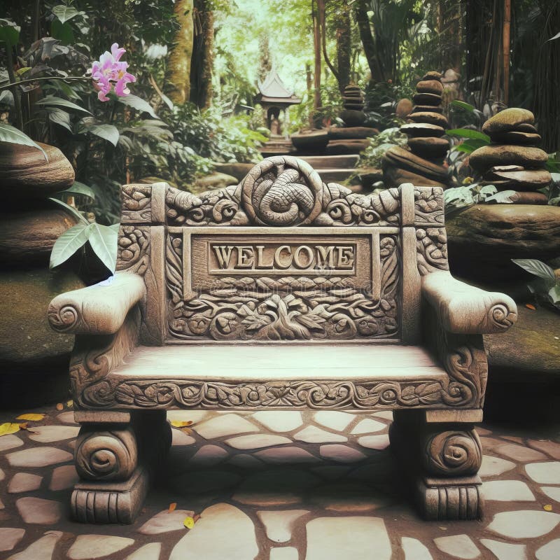 Stone Bench a Stone Bench with Welcome Carved into Its Seat Plac Stock ...