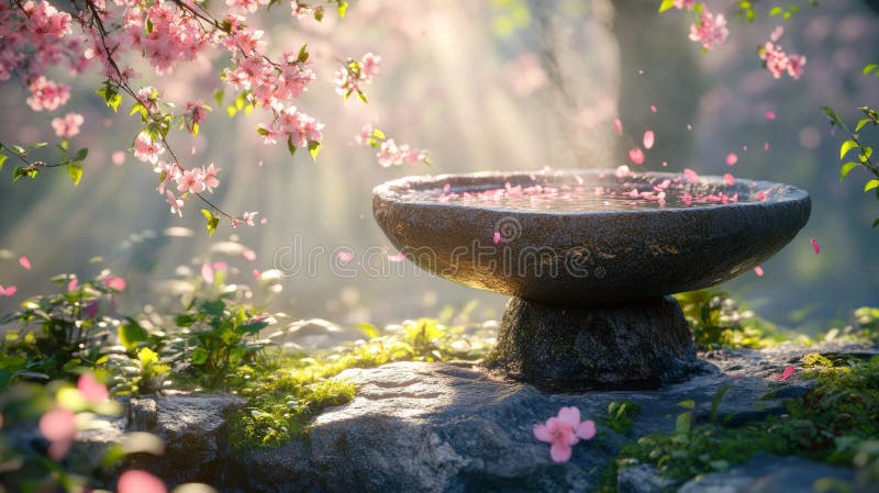 Stone Bird Bath with Pink Cherry Blossoms in a Spring Garden Stock ...